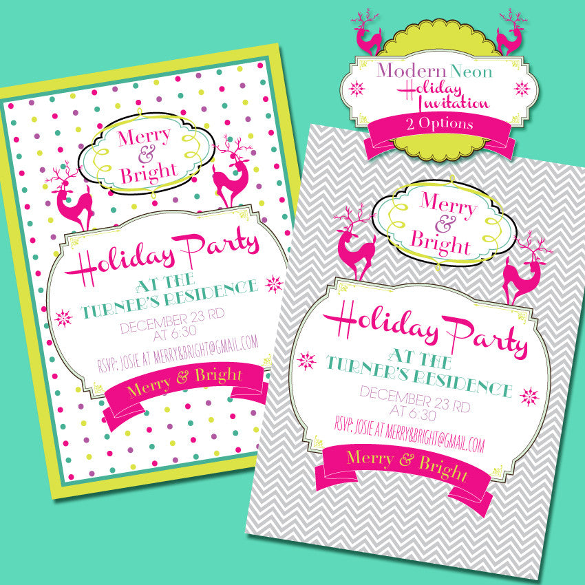 Merry & Bright Modern Neon printable Christmas party invite by Wants a ...